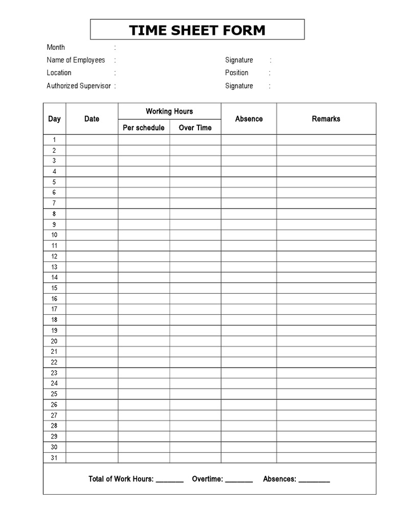 Time Sheet Form: Month: Name of Employees: Signature: Location ...