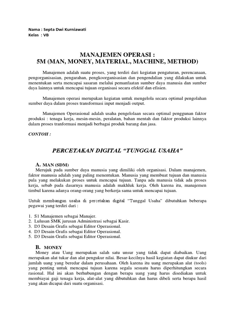 Manajemen Operasi: 5M (Man, Money, Material, Machine, Method) | PDF