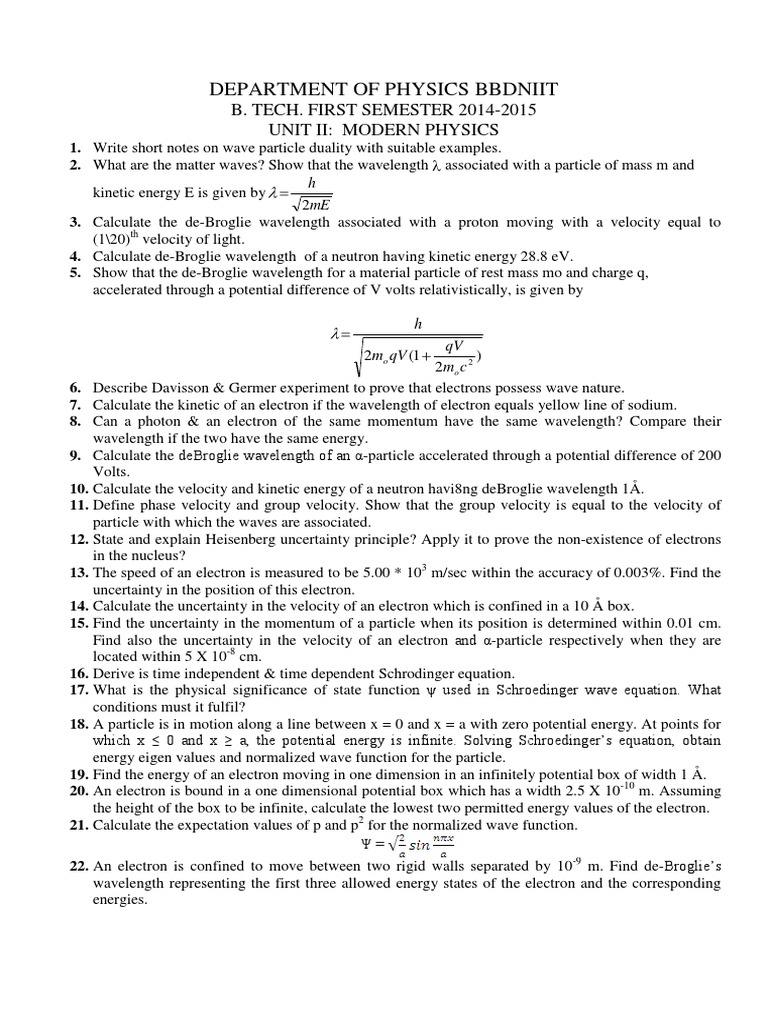 Department of Physics Bbdniit: B. TECH. FIRST SEMESTER 2014-2015 Unit ...