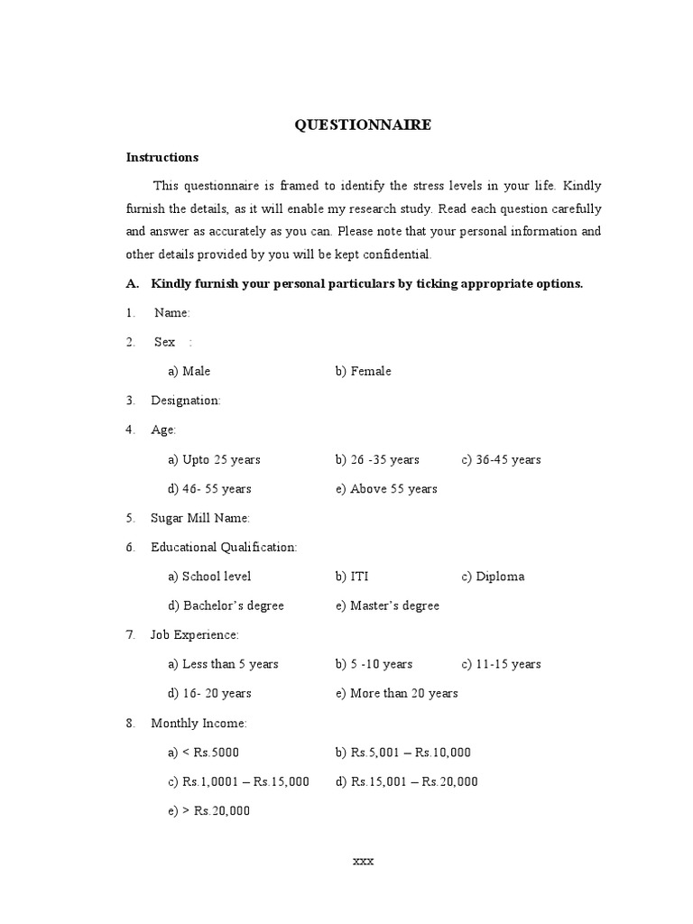 19 Questionnaire | PDF | Stress Management | Mental Disorder