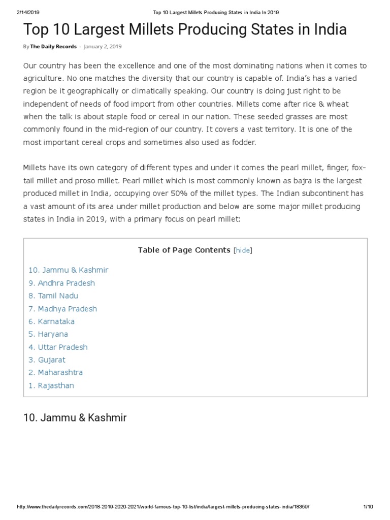 Top 10 Largest Millets Producing States in India in 2019 | PDF ...