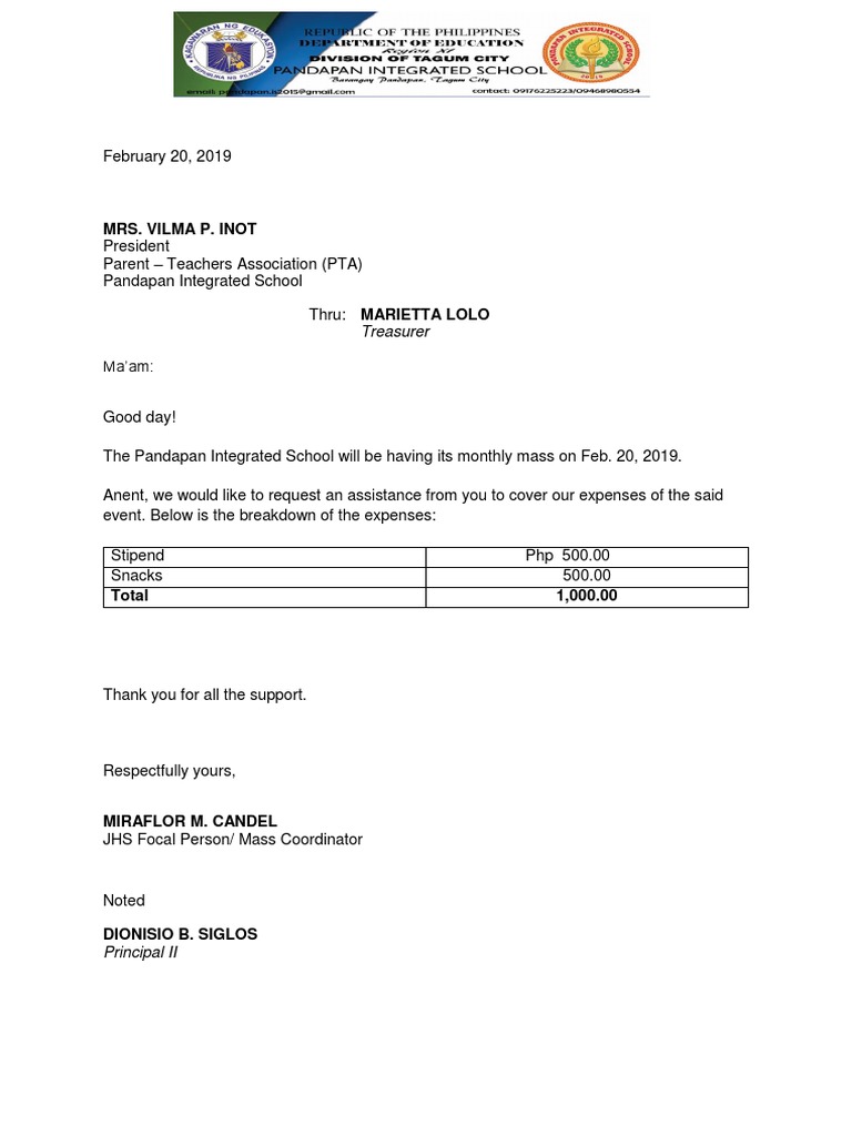 Request for Financial Assistance from the PTA for the Monthly Mass at ...