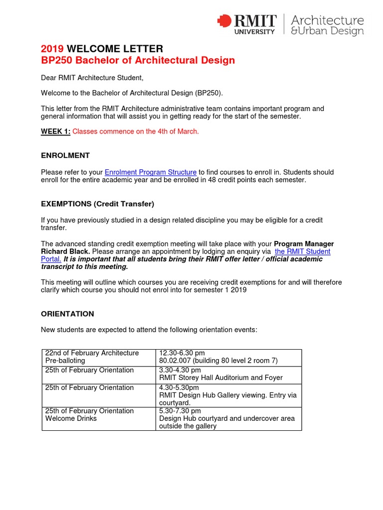 BP250 Bachelor of Architectural Design Welcome Letter | PDF | Personal ...