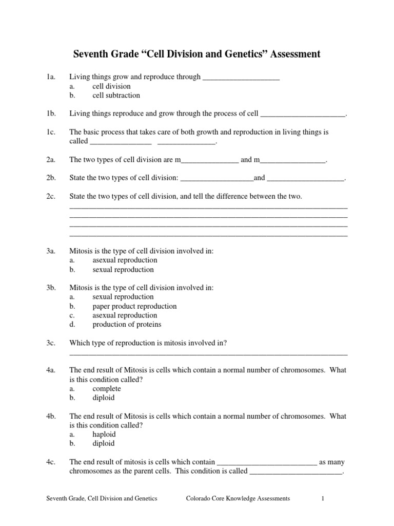 Seventh Grade "Cell Division and Genetics" Assessment | Download Free ...