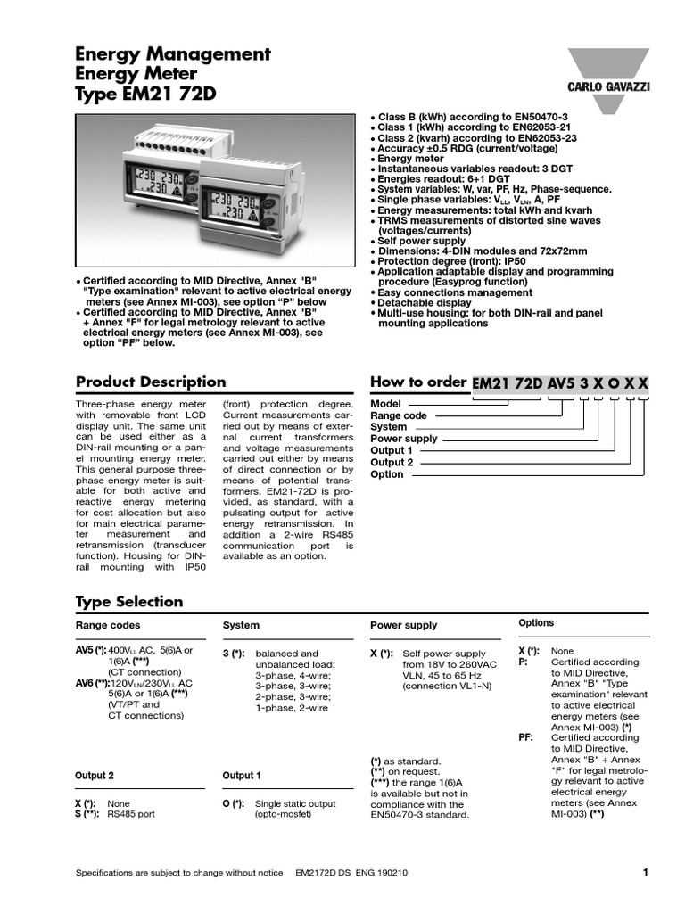 Energy Management Energy Meter Type EM21 72D | PDF | Power Supply ...