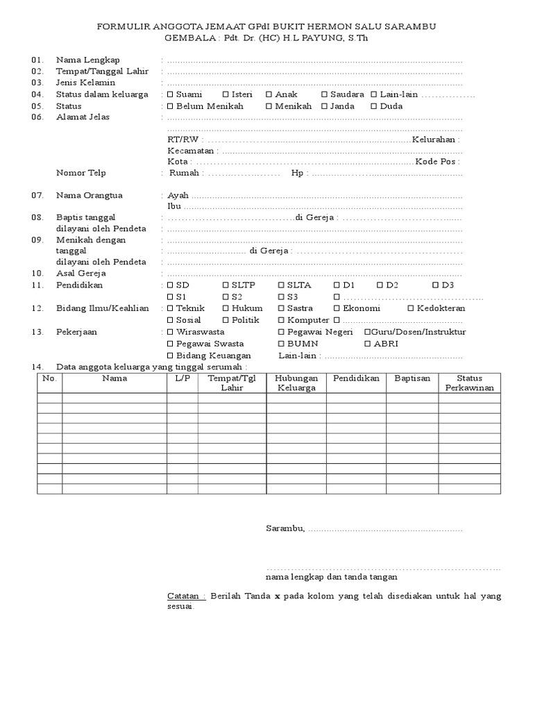Formulir Anggota Jemaat GPdI | PDF