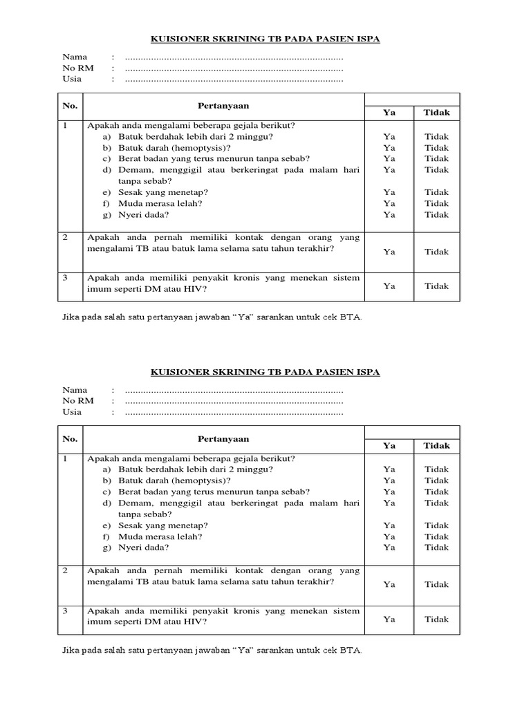 Kuisioner Skreening TB Pada Pasien Ispa | PDF