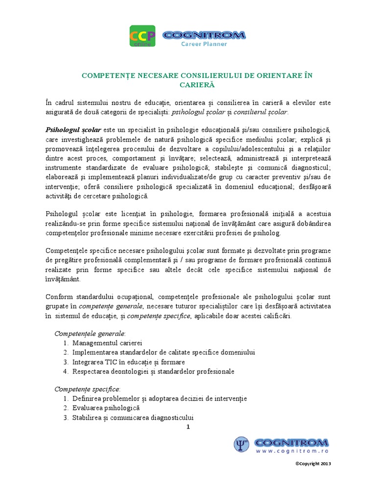 Competente Consilier Si Psiholog Scolar PDF | PDF