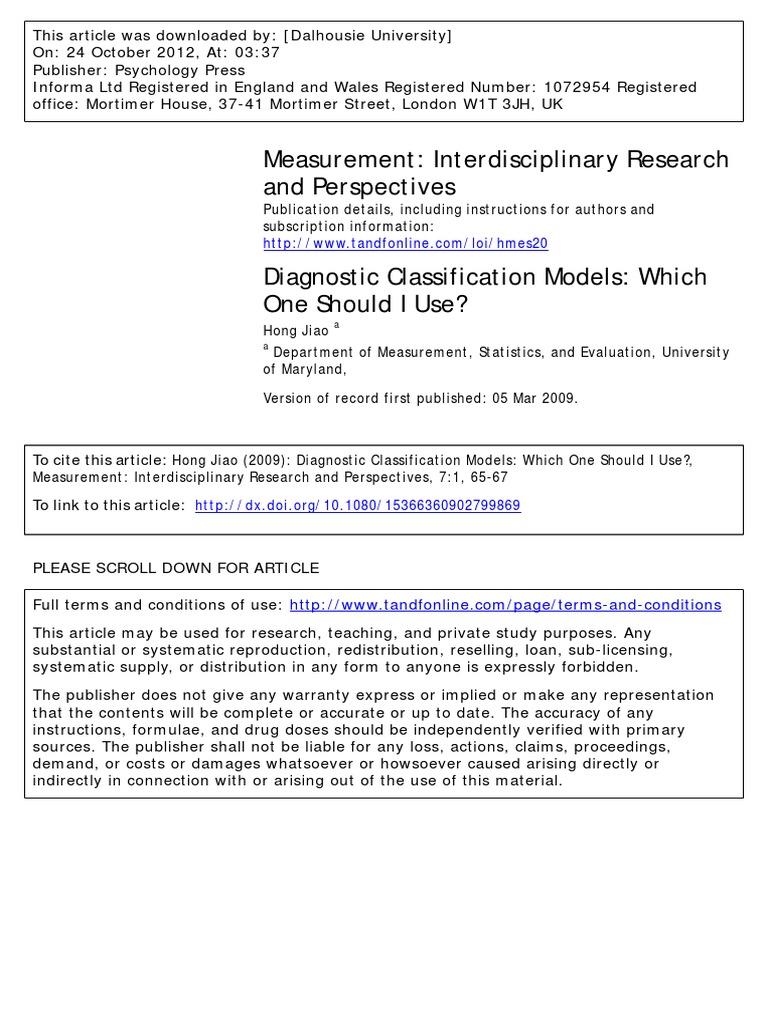 Diagnostic Classification Models: Which One Should I Use? A A Hong Jiao ...