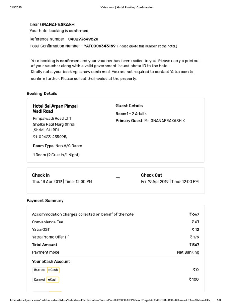 Hotel Booking Confirmation | PDF | Service Industries | Payments