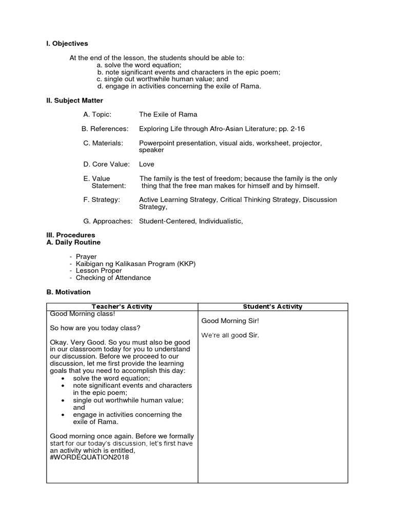 Lesson Plan - The Exile of Rama by Mel Anthony A. Cerilo | PDF | Sita ...