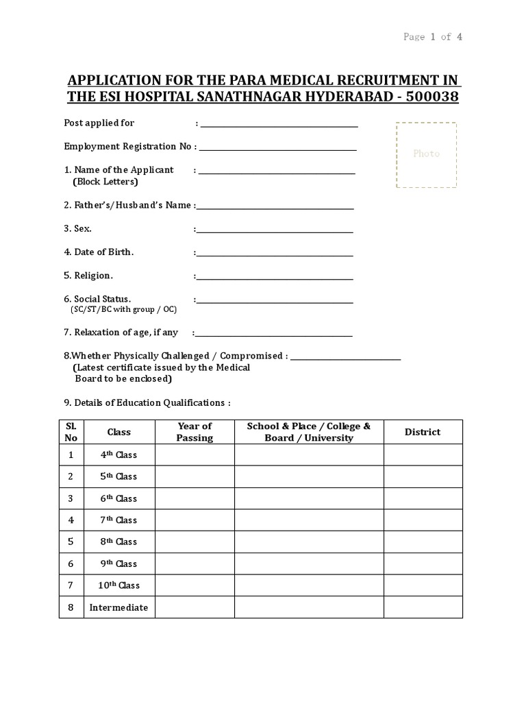 Application For The para Medical Recruitment in The Esi Hospital ...