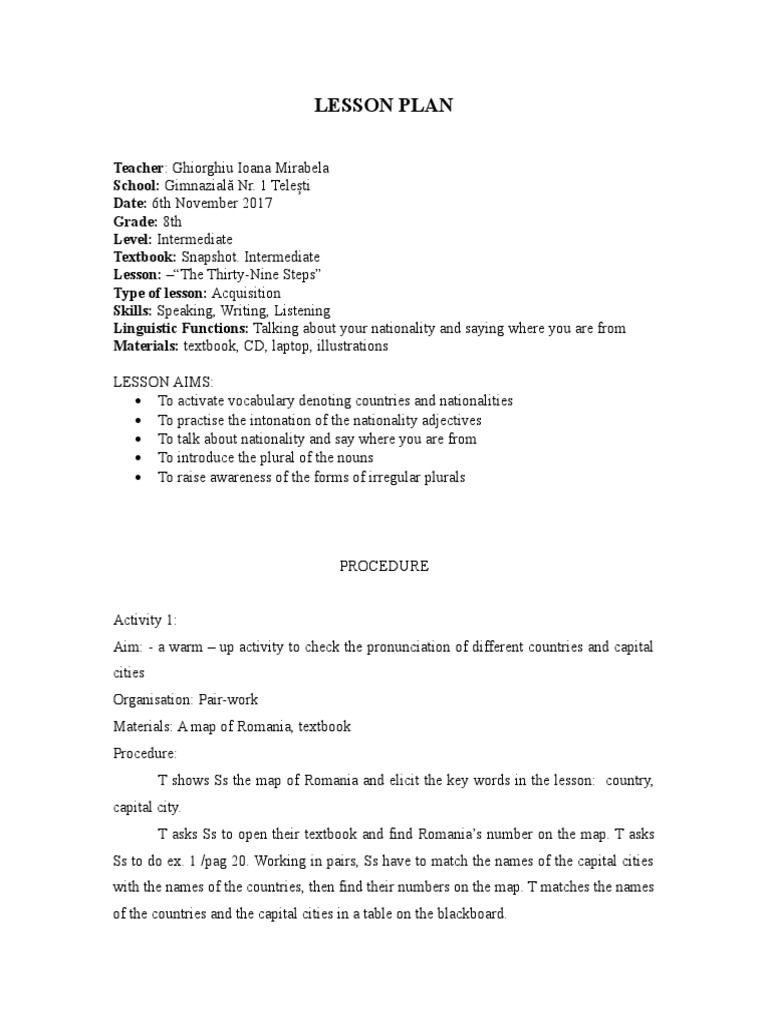8th Grade Lesson Plan on Nationalities | PDF | Plural | Adjective