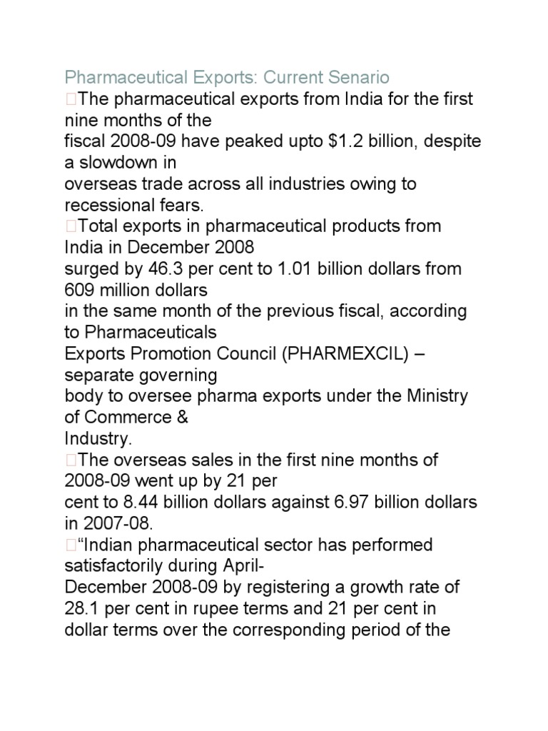 Pharma Export Current Scenario | PDF | Pharmaceutical Industry | Food ...
