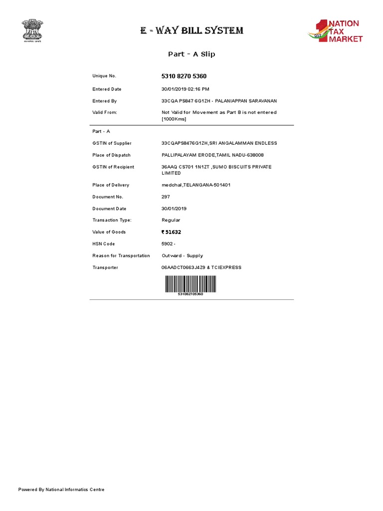E - Way Bill System: Part - A Slip | Download Free PDF | Business