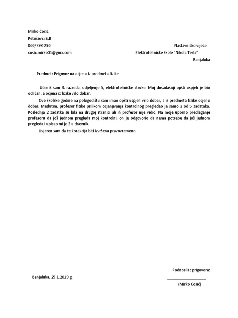 Prigovor Na Ocjenu | PDF