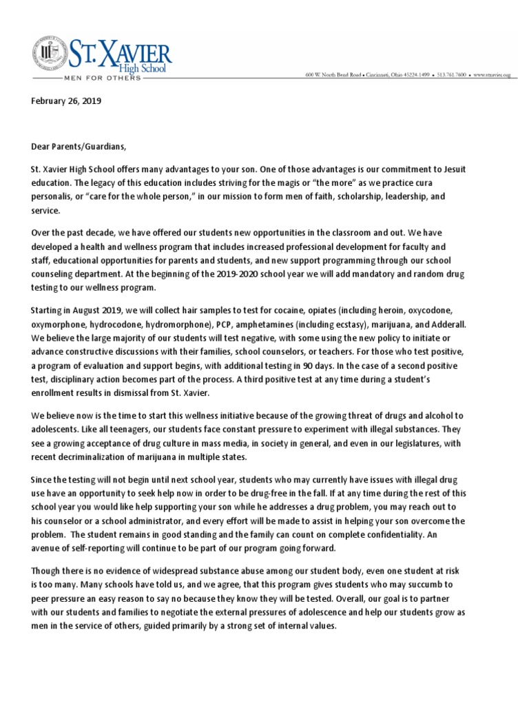 St. Xavier Letter To Parents About Drug Testing | PDF | Adolescence ...