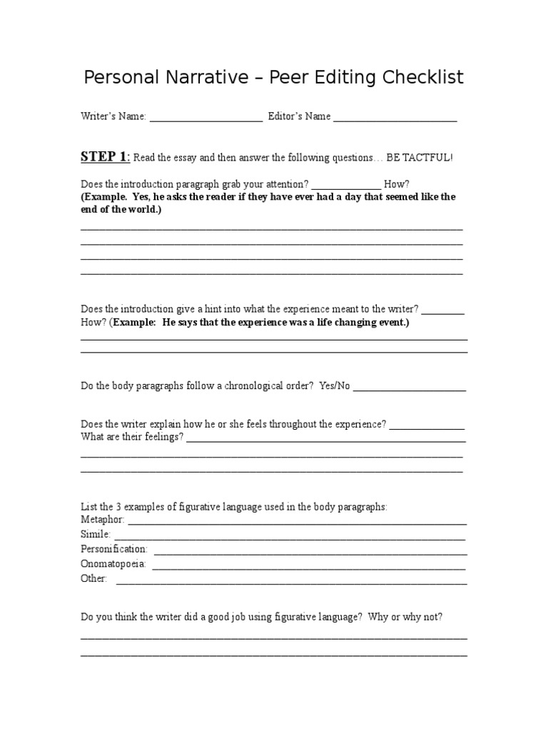 Personal Narrative - Peer Editing Checklist: Step 1 | PDF | Essays ...