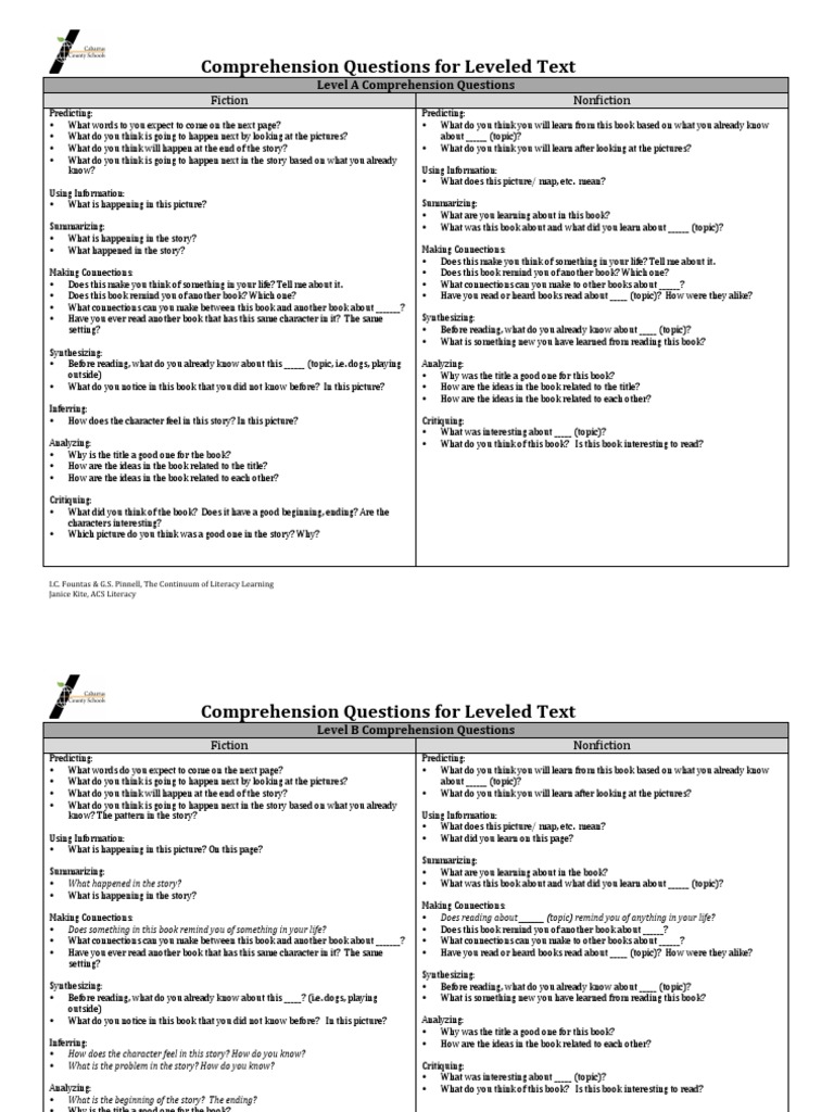 Leveled Comprehension Questions Guide | PDF | Reading Comprehension ...