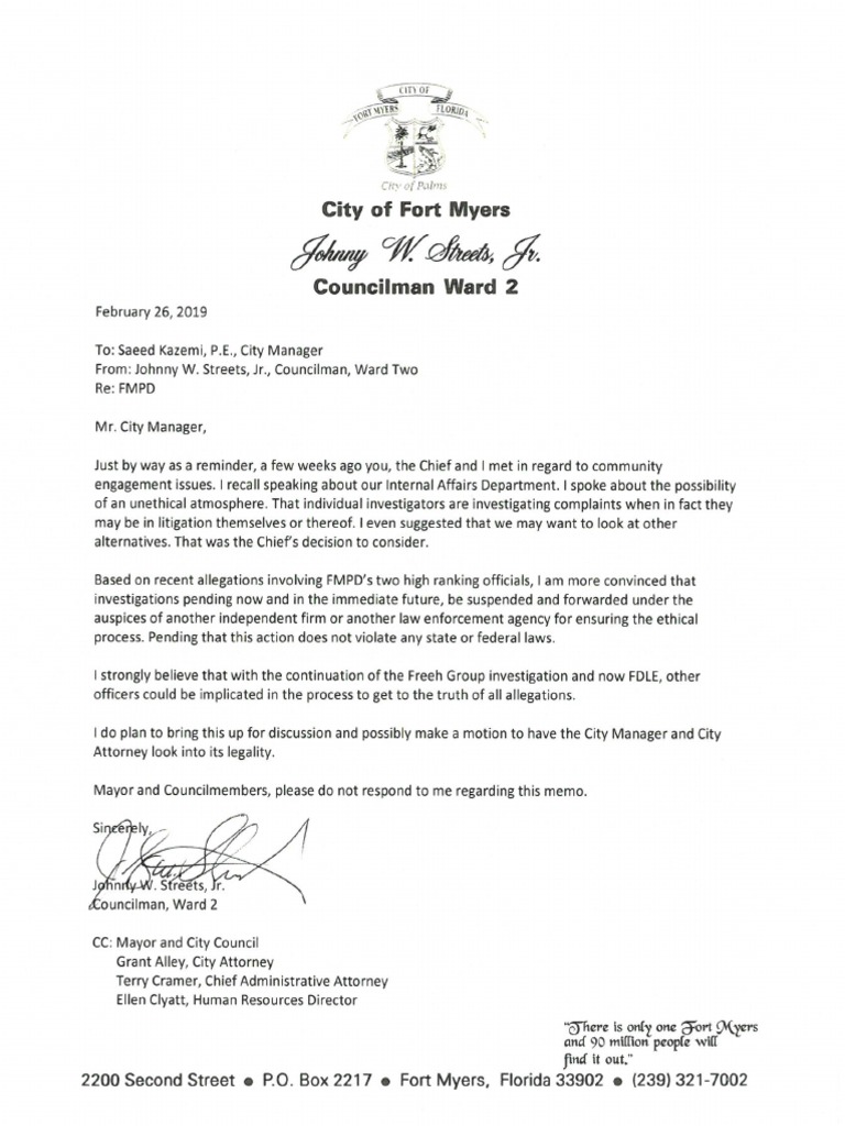 Letter To City Manager Regarding Fort Myers Police Department | PDF