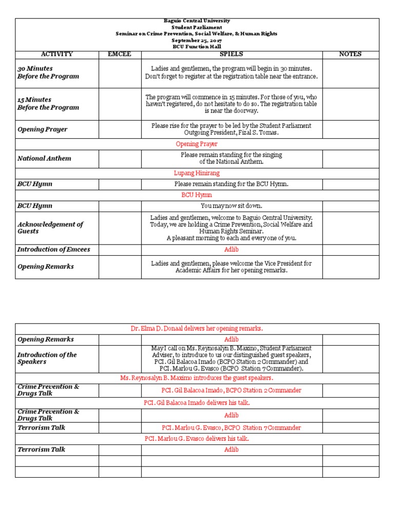 Emcee Script | PDF