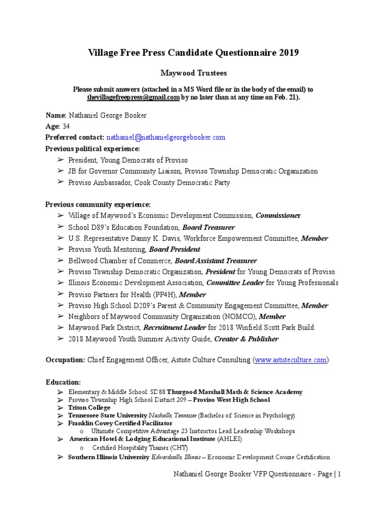 VFP Candidate Questionnaire - 2019 | PDF | Board Of Directors | Taxes