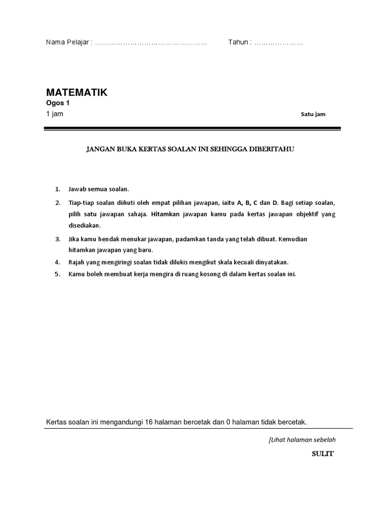 Kertas Math Tahun 6 | PDF