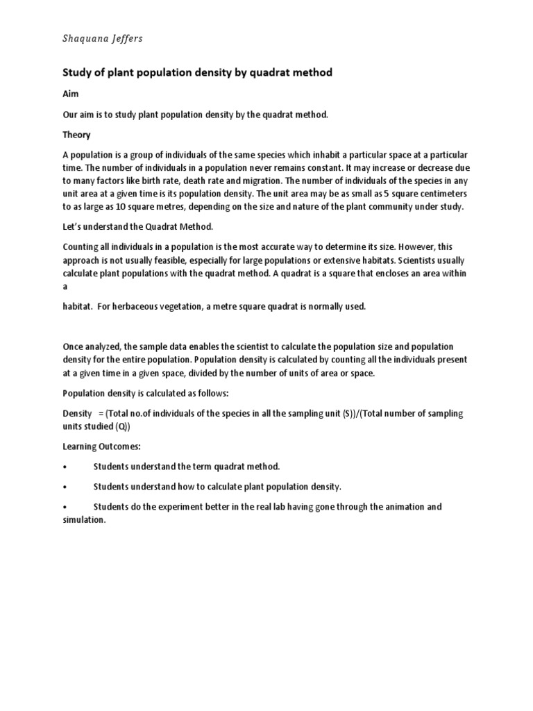 Study of Plant Population Density by Quadrat Method Lab | PDF | Density ...