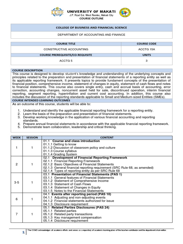 01 CHED COURSE OUTLINE Acctg 15A | PDF | Financial Statement | Cash ...