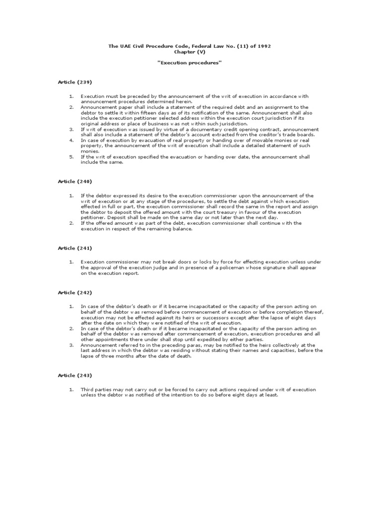 The UAE Civil Procedure Code - Execution Procedures | PDF | Writ ...