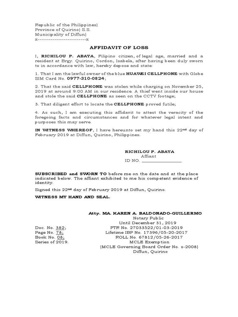 Affidavit of Loss Cellphone | PDF