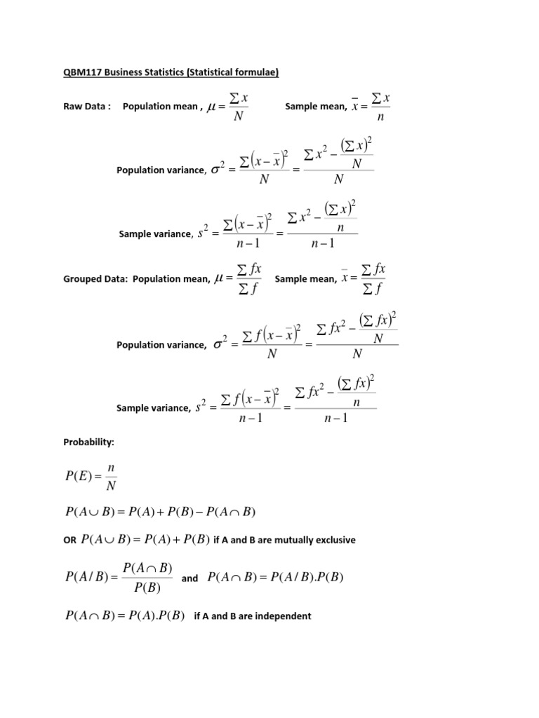 D2QBM117 Business Statistics Formulae | PDF | Mean | Variance