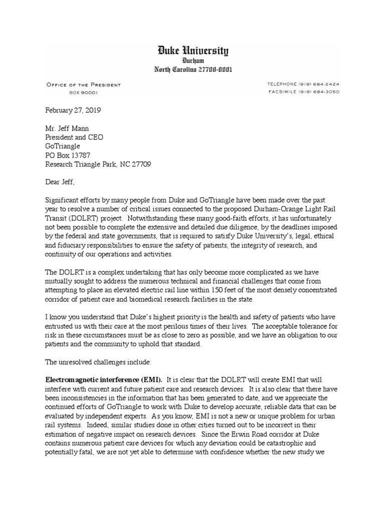 Duke Letter | PDF | Duke University | Risk