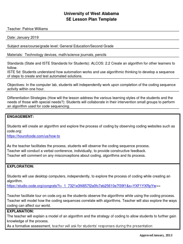 University of West Alabama 5E Lesson Plan Template: Engagement ...