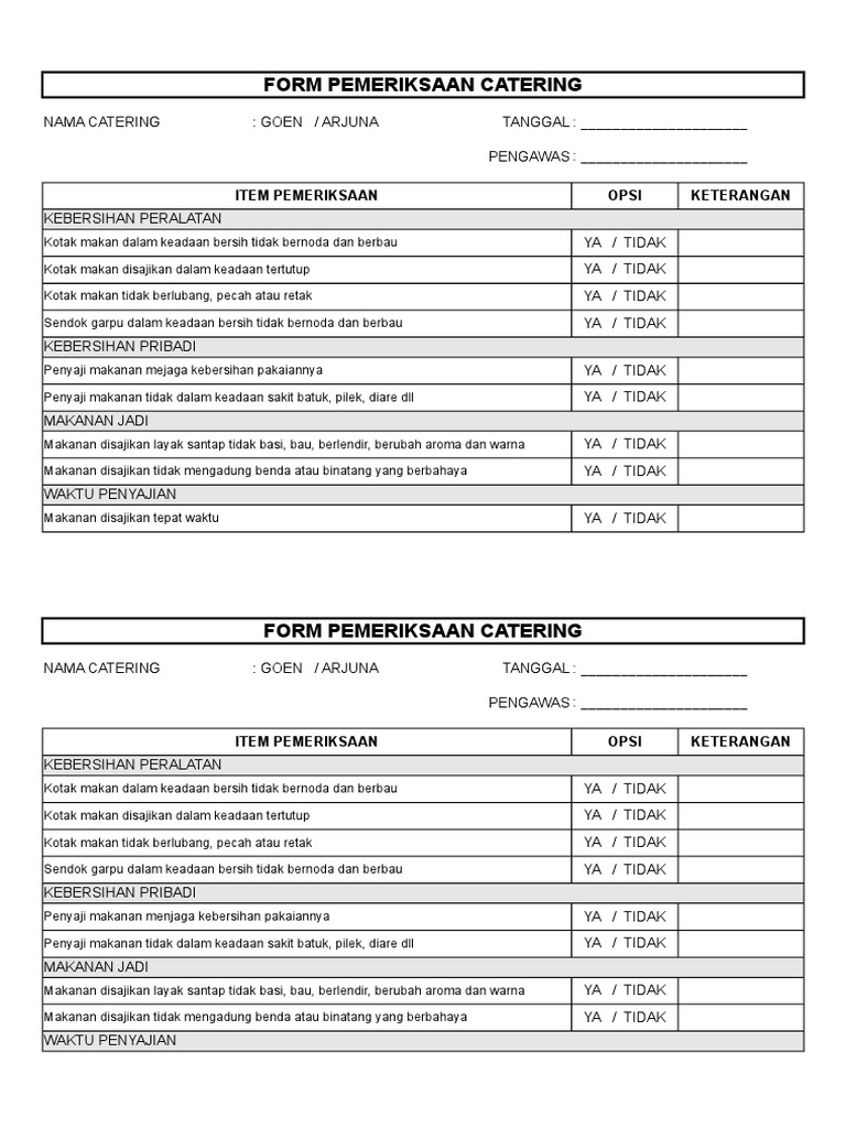 Form Pemeriksaan Catering