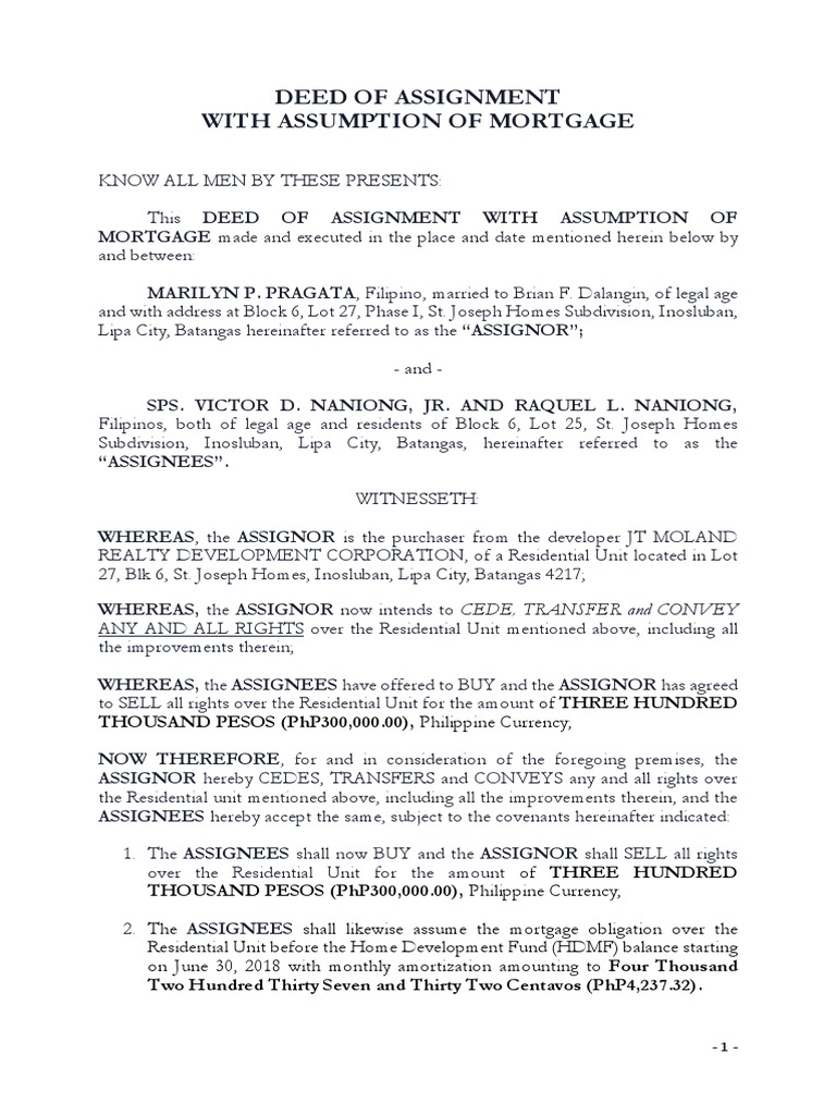 Deed of Assignment with Mortgage Assumption | PDF | Assignment (Law ...