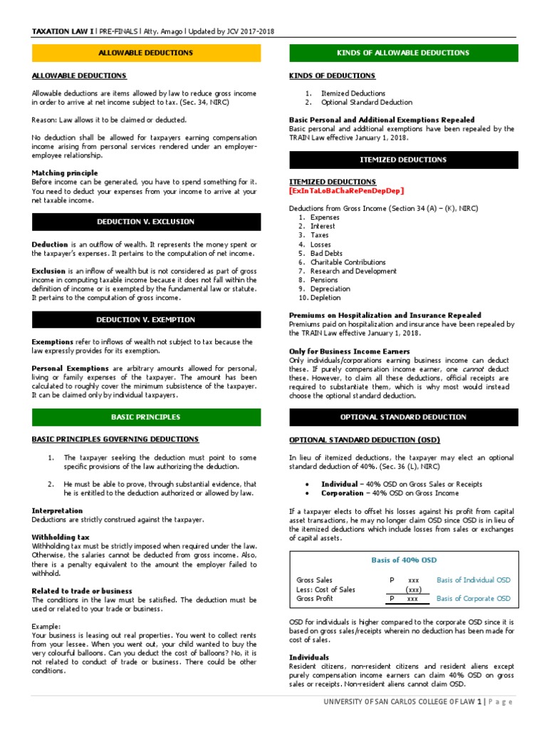 Taxation Law I: Key Allowable Deductions and Standard Deduction Rules ...