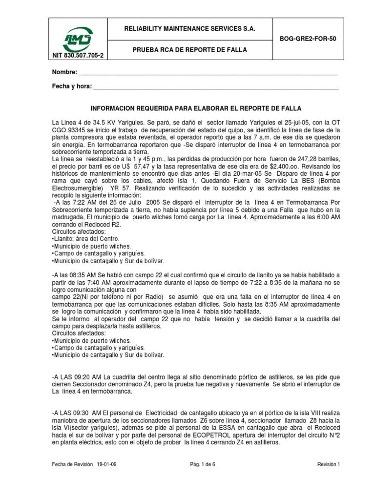 Formato 50 Prueba RCA Repote de Falla PDF | PDF | Subestacion electrica ...