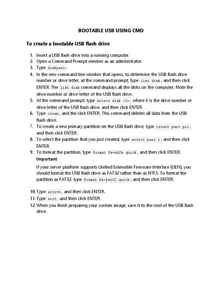 Bootable Usb Using CMD To Create A Bootable USB Flash Drive: Diskpart | PDF