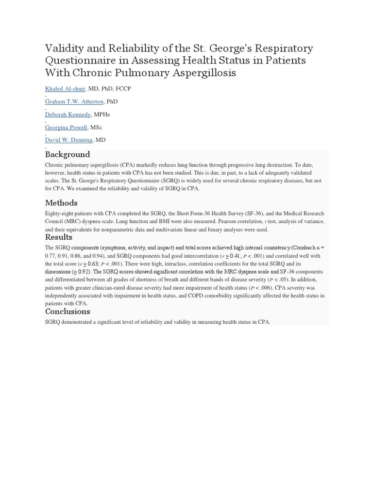 Validity and Reliability of The St. George's Respiratory Questionnaire ...