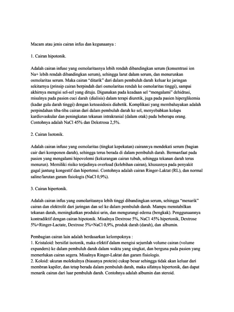 Jenis-Jenis Cairan Infus dan Fungsinya | PDF