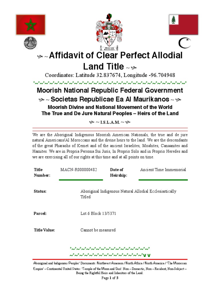 Affidavit Of Clear Perfect Allodial Land Title For 1034 North Buckner 