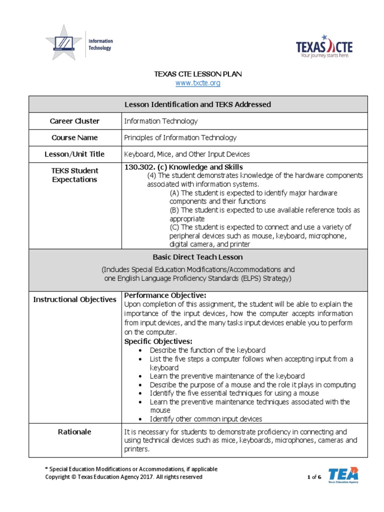 Lesson Plan Keyboards, Mice, and Other Input Devices - 0 | PDF ...