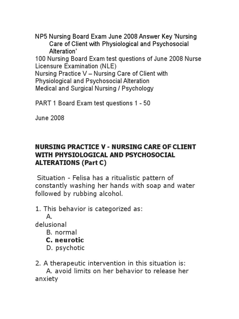 NP5 .Nursing Board Exam June 2008 Answer Key | PDF | Psychotherapy ...