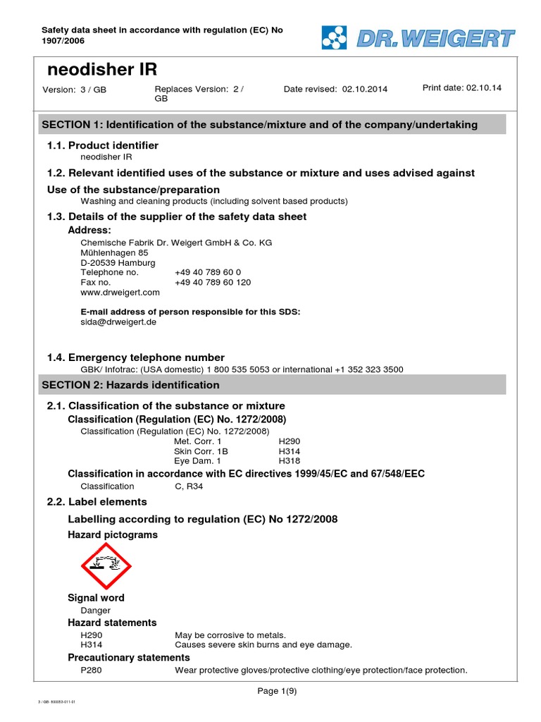 DR Weigert Neodisher-IR MSDS | PDF | Firefighting | Toxicity
