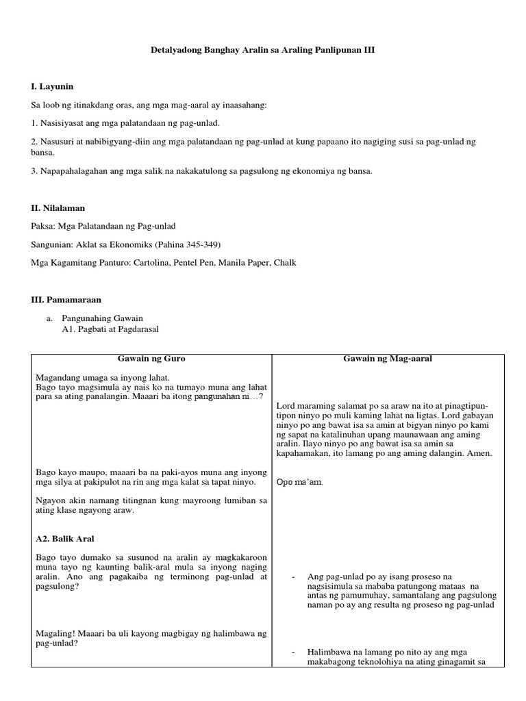 Detalyadong Banghay Aralin (Mga Palatandaan NG Pagsulong) 1 | PDF