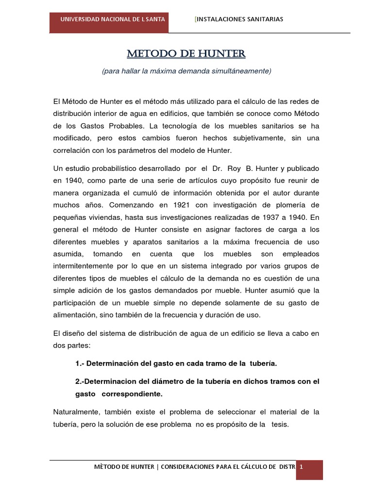 Metodo Hunter | PDF | Baño | Tubería (transporte de fluidos)