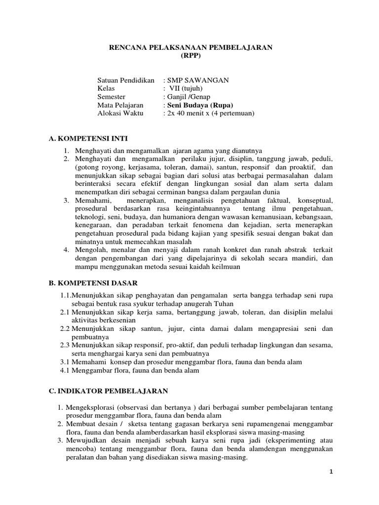 RPP Kelas Vii Seni Rupa KD 1 | PDF