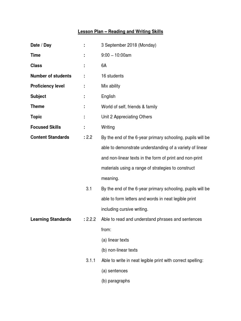 Lesson Plan - Reading and Writing Skills | PDF | Lesson Plan ...
