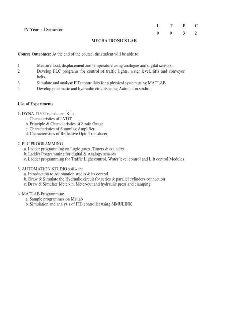 Mechatronics Lab Syllabus | PDF
